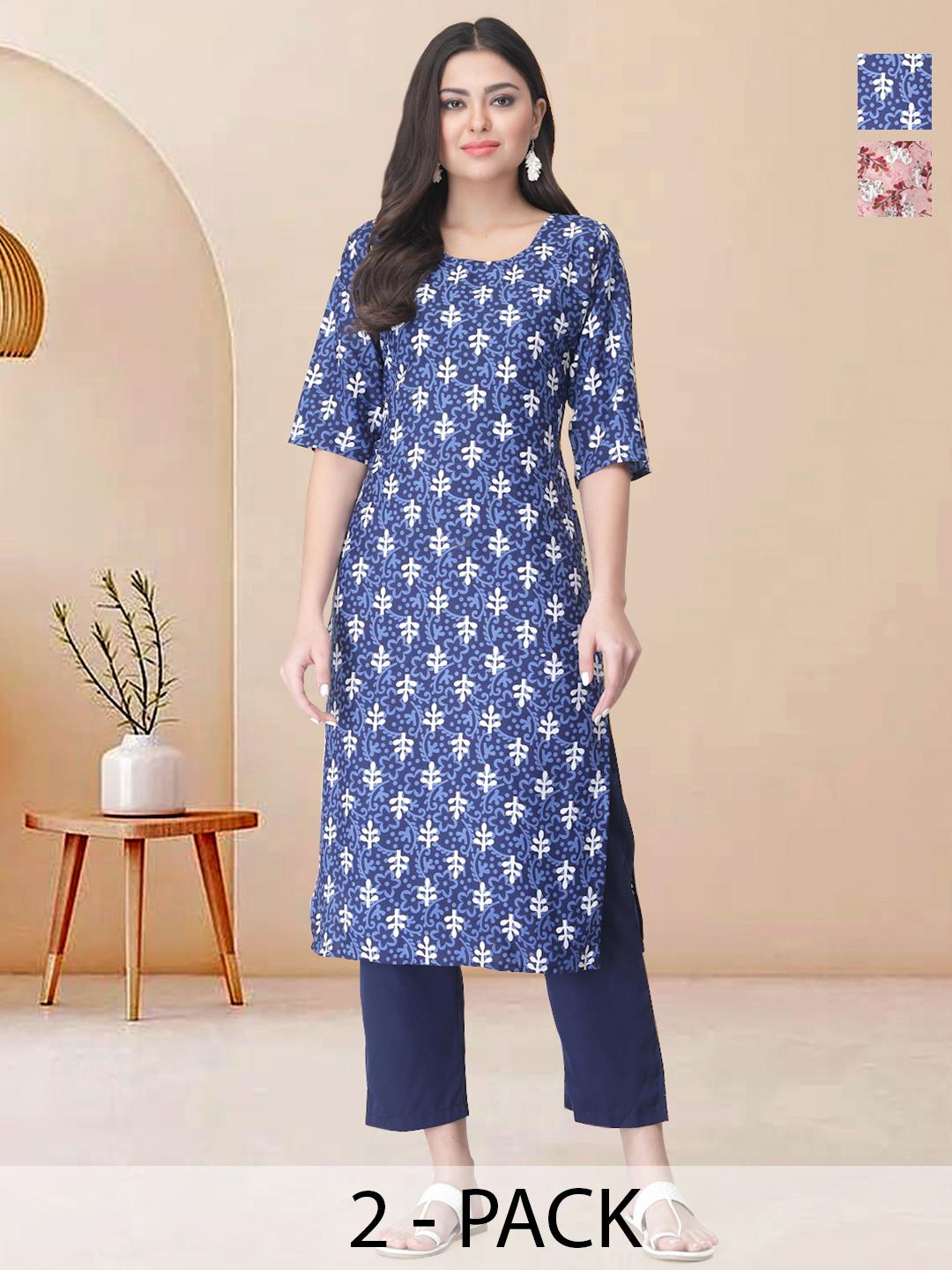Buy Moda Rapido Pack Of 2 Printed Straight Kurta With Trousers - Kurta ...