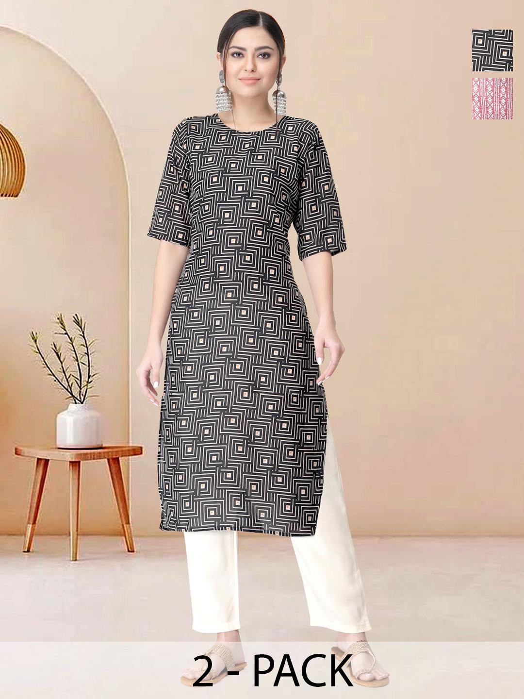 Buy Moda Rapido Pack Of 2 Printed Straight Kurta With Trousers - Kurta ...