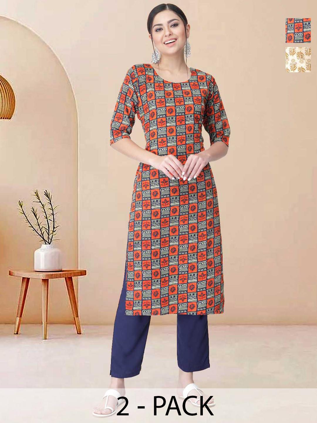 Buy Moda Rapido Pack Of 2 Printed Straight Kurta With Trousers - Kurta ...
