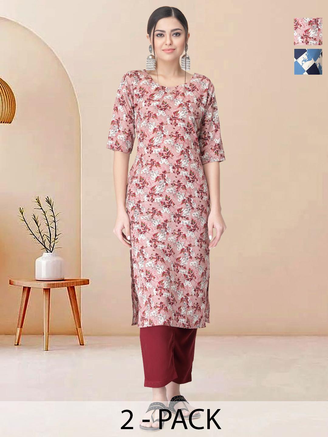 Buy Moda Rapido Pack Of 2 Printed Straight Kurta With Trousers - Kurta ...