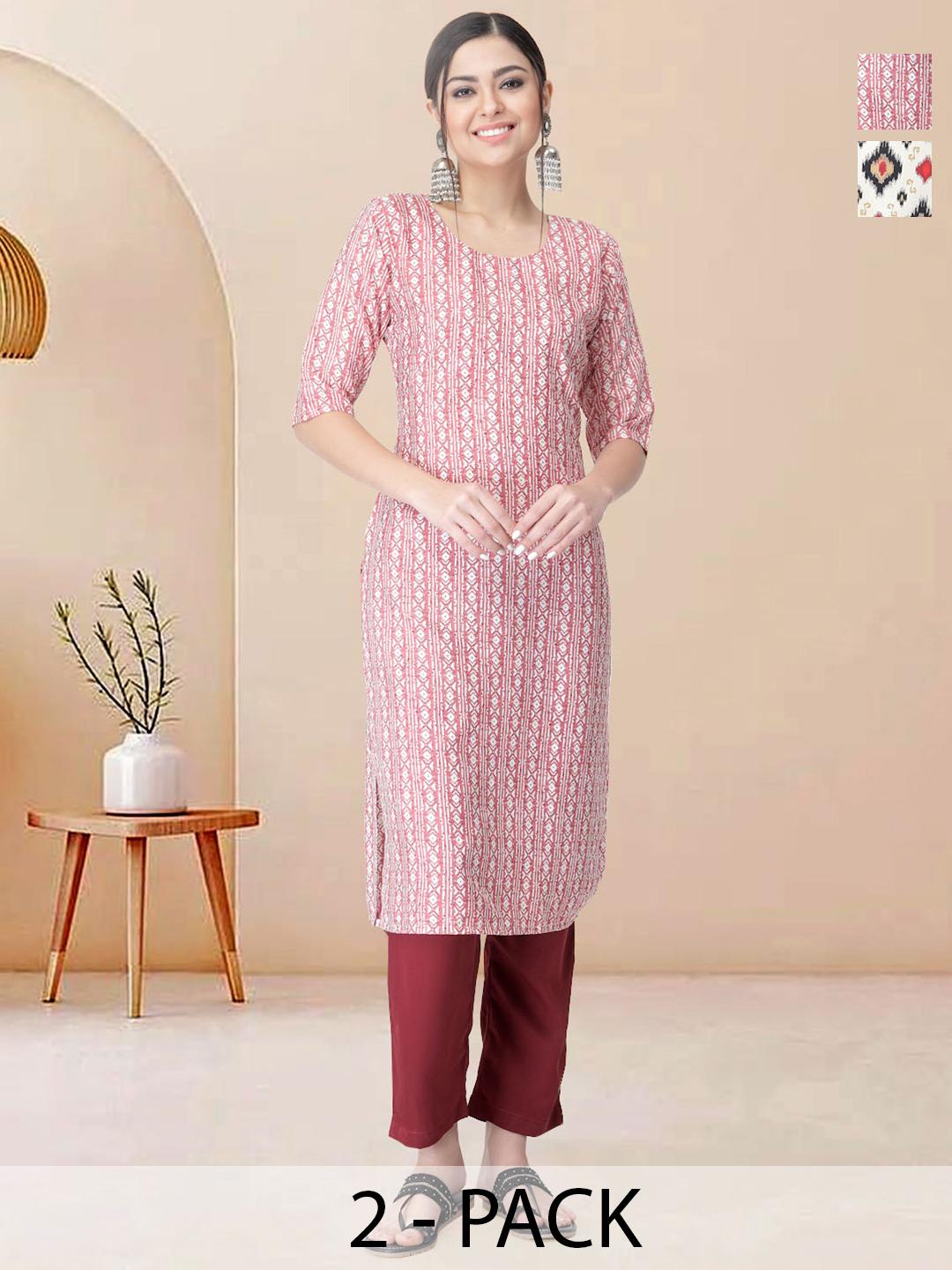 Buy Moda Rapido Pack Of 2 Printed Straight Kurta With Trousers - Kurta ...