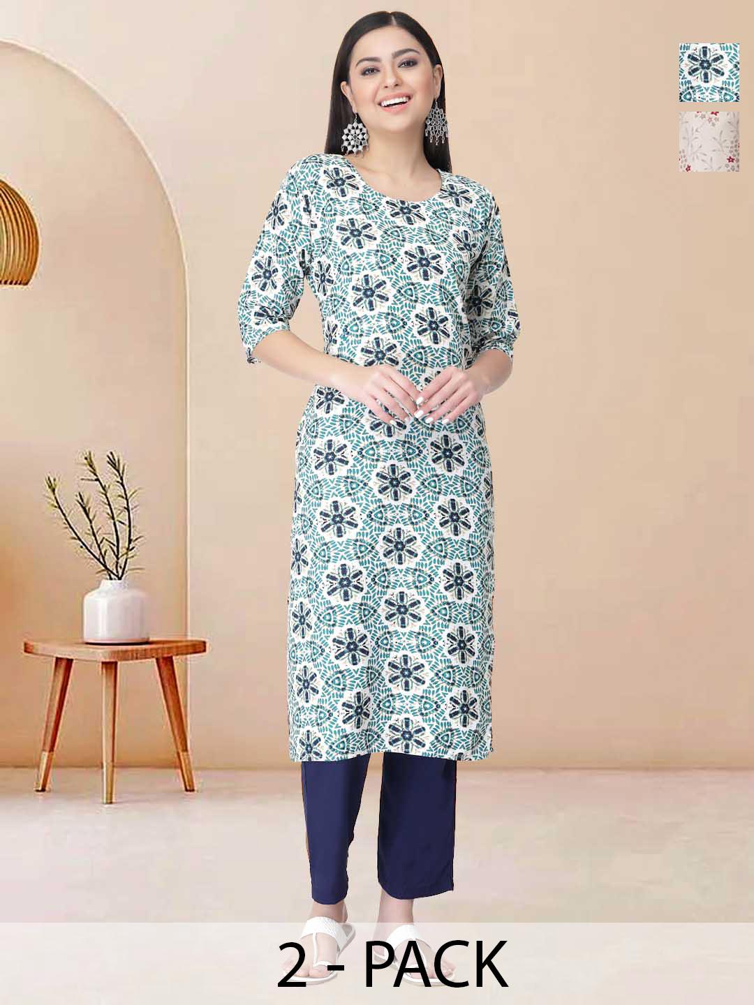 Buy Moda Rapido Pack Of 2 Printed Straight Kurta With Trousers - Kurta ...
