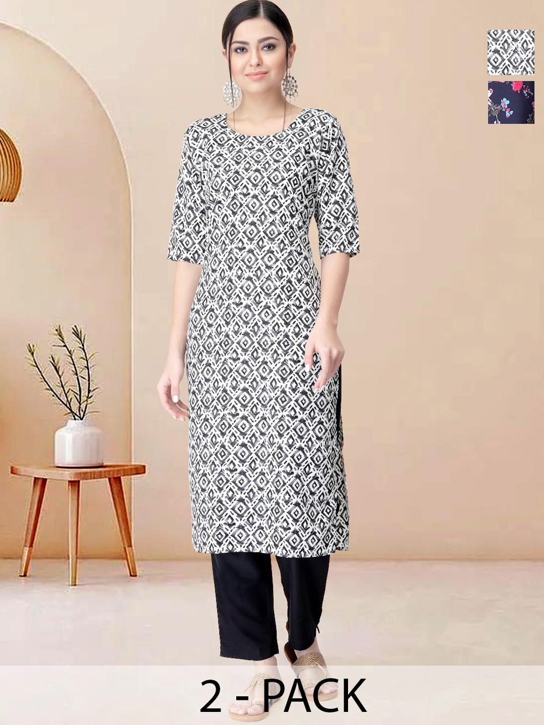 Buy Moda Rapido Pack Of 2 Printed Straight Kurta With Trousers - Kurta ...