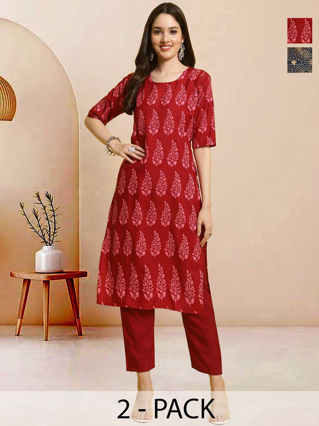 Buy Moda Rapido Pack Of 2 Printed Straight Kurta With Trousers - Kurta ...