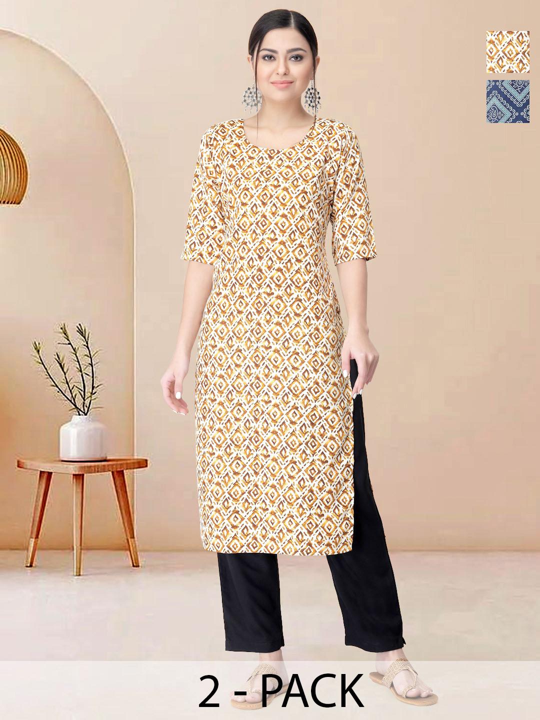 Buy Moda Rapido Pack Of 2 Printed Straight Kurta With Trousers - Kurta ...
