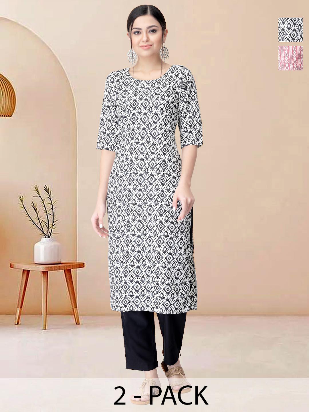 Buy Moda Rapido Pack Of 2 Printed Straight Kurta With Trousers - Kurta ...