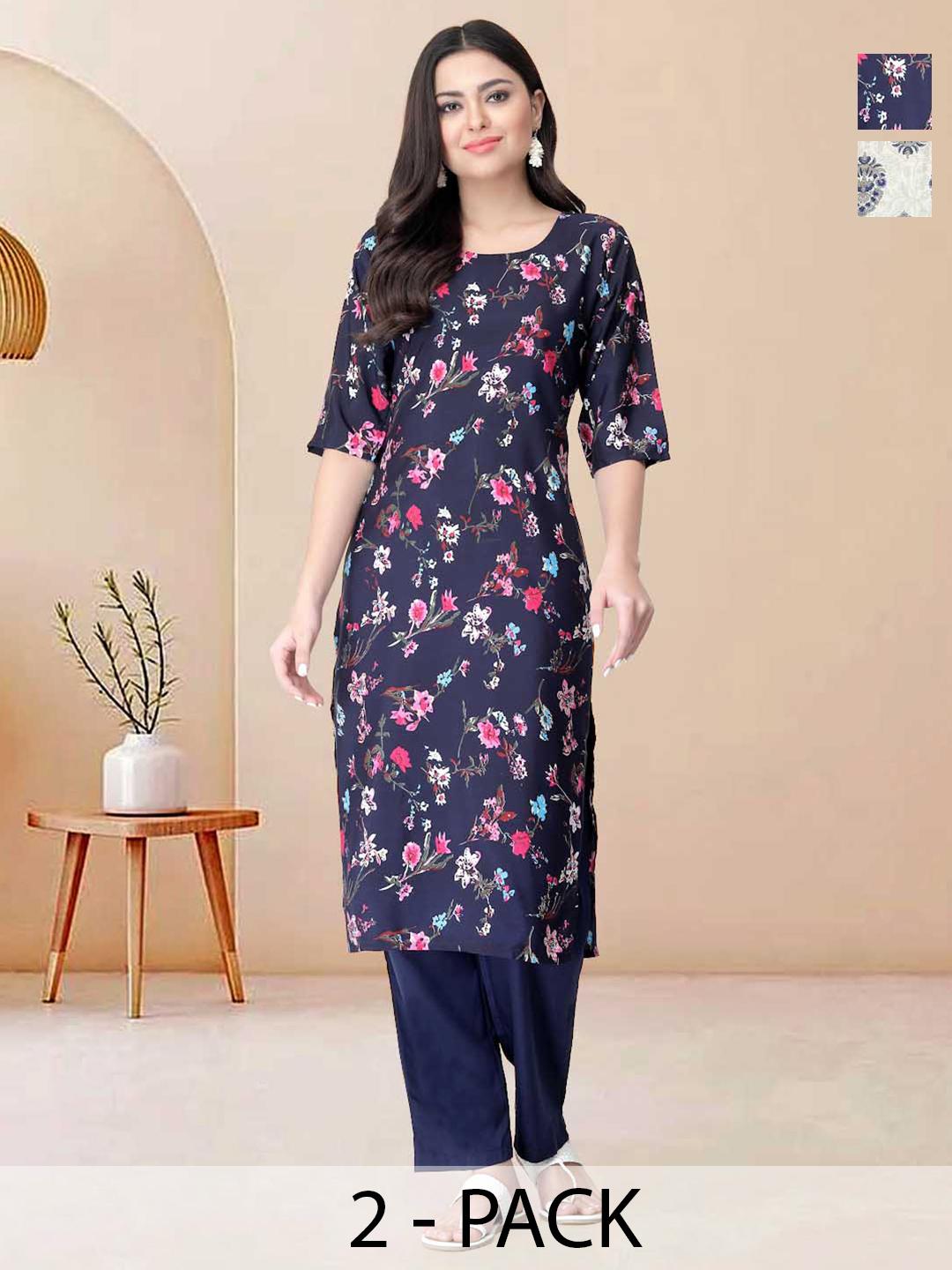 Buy Moda Rapido Pack Of 2 Printed Straight Kurta With Trousers - Kurta ...