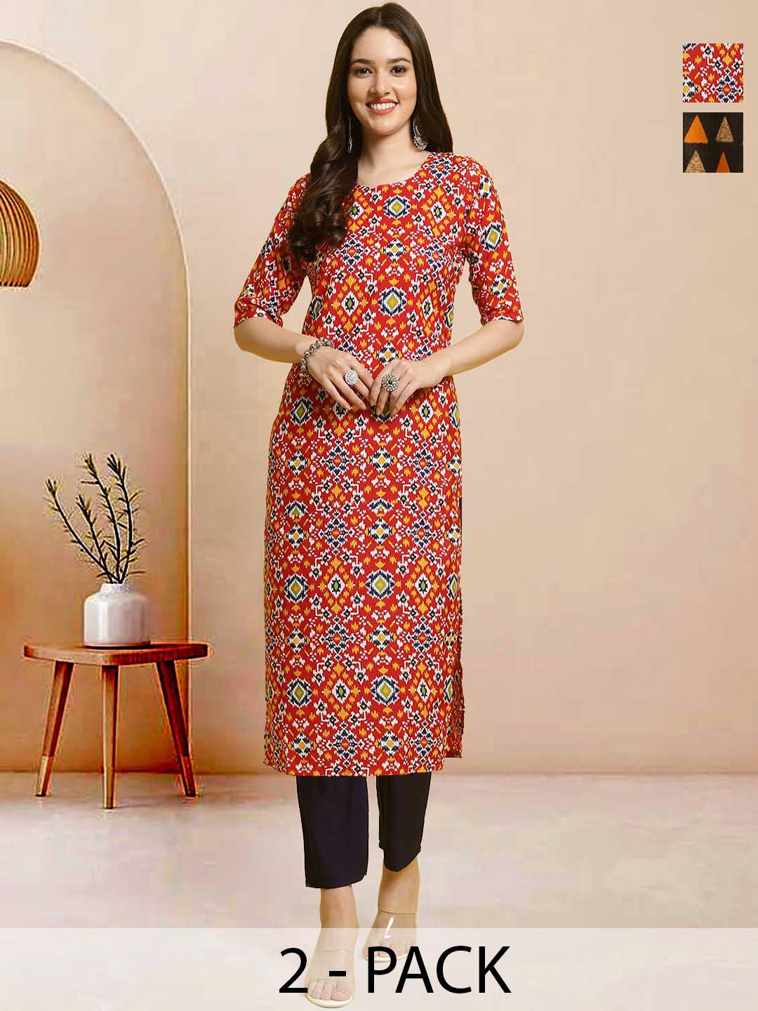 Buy Moda Rapido Pack Of 2 Printed Straight Kurta With Trousers - Kurta ...