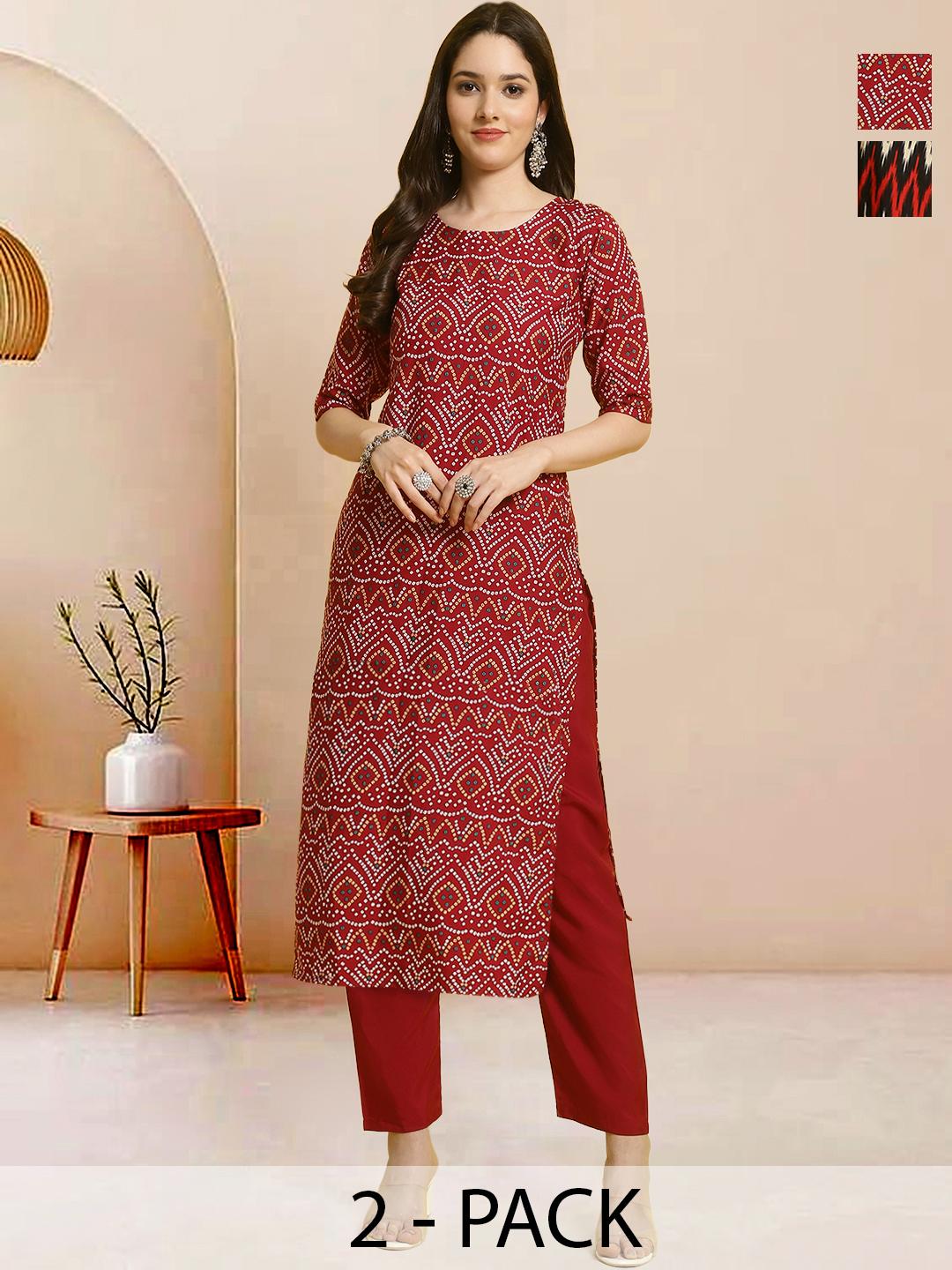 Buy Moda Rapido Pack Of 2 Printed Straight Kurta With Trousers - Kurta ...