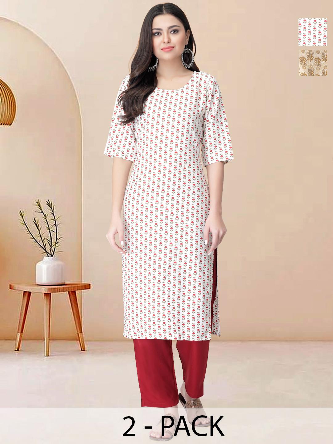 Buy Moda Rapido Pack Of 2 Printed Straight Kurta With Trousers - Kurta ...