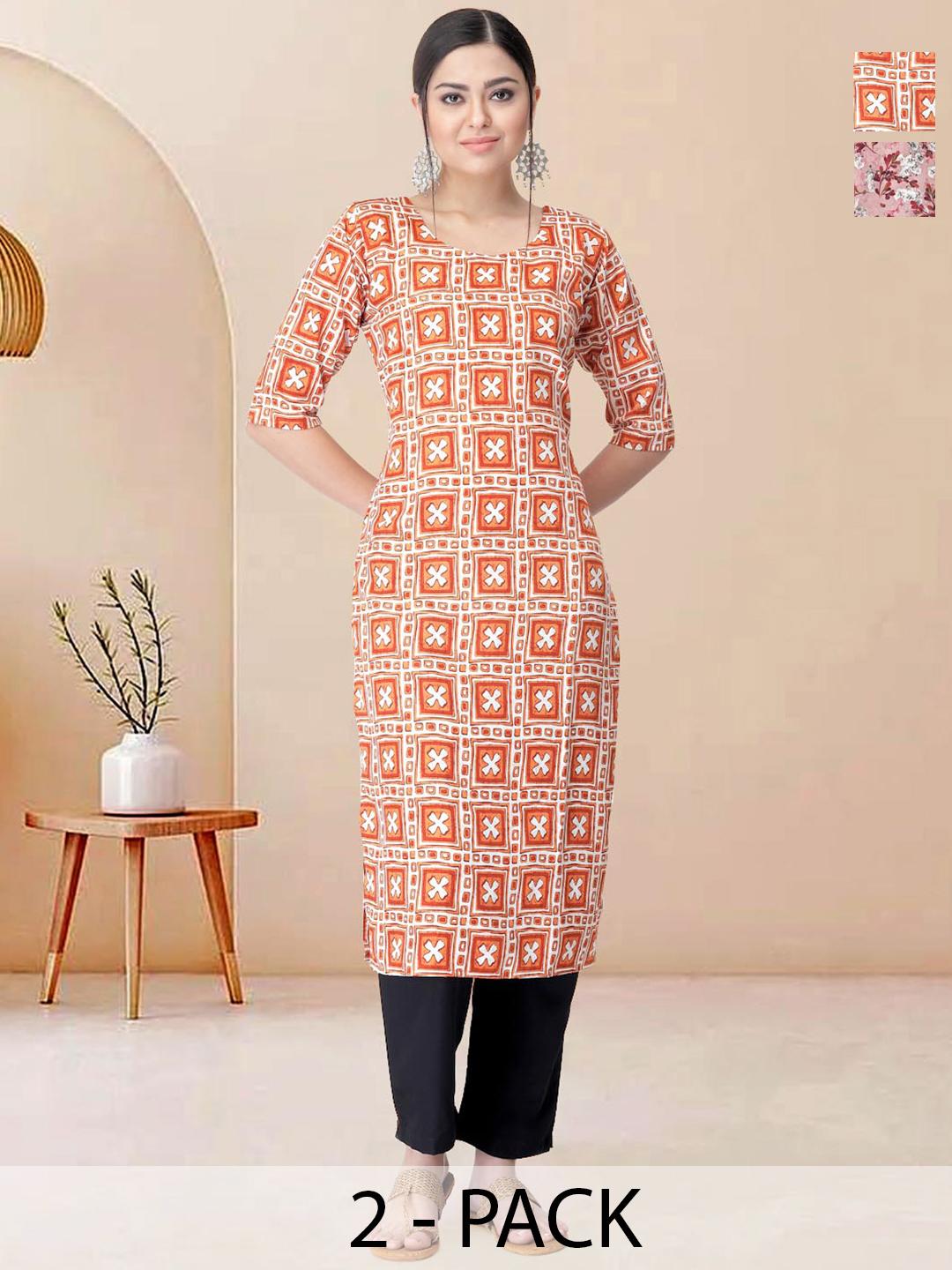 Buy Moda Rapido Pack Of 2 Printed Straight Kurta With Trousers - Kurta ...