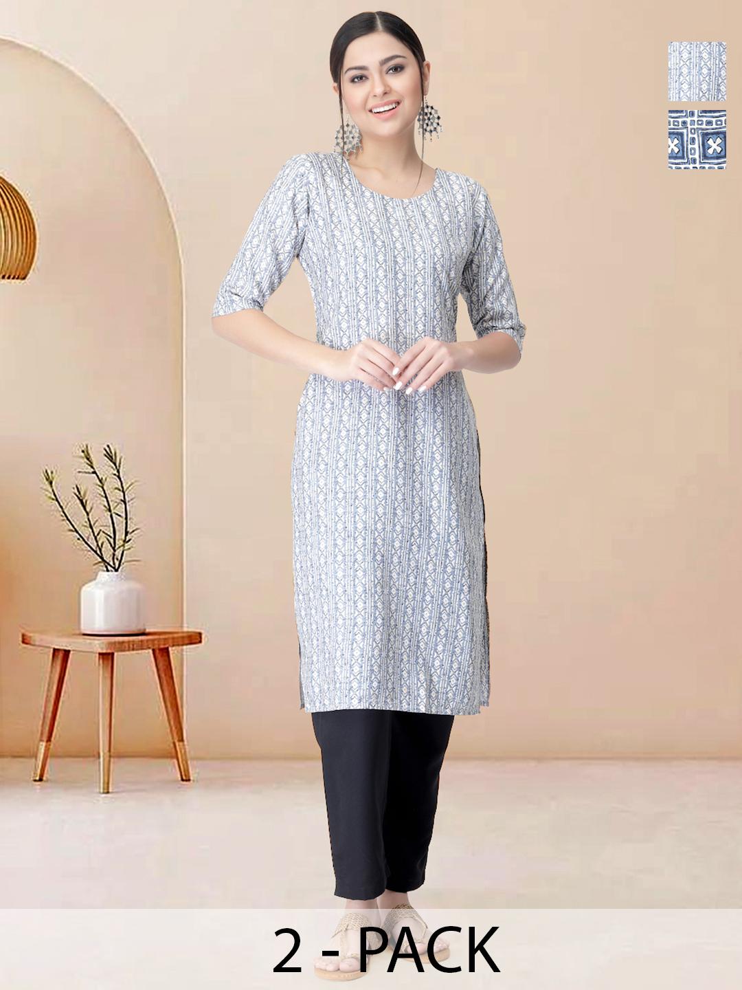 Buy Moda Rapido Pack Of 2 Printed Straight Kurta With Trousers - Kurta ...