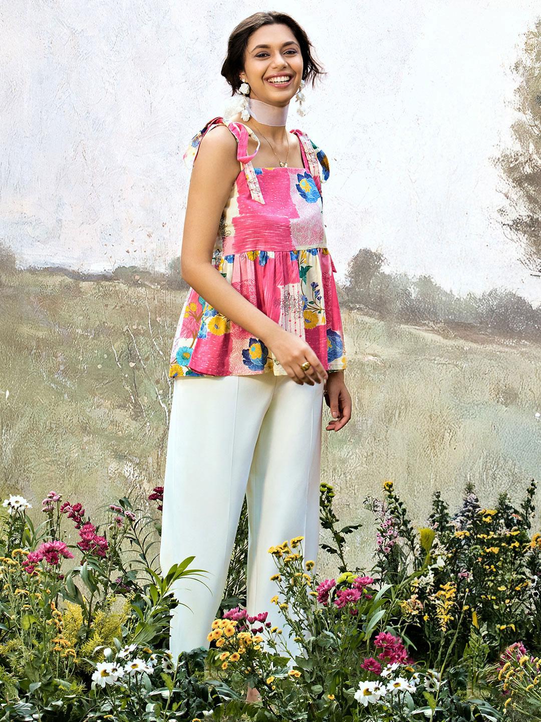 Buy Libas Floral Printed Square Neck Cotton Peplum Kurti - Tops for ...