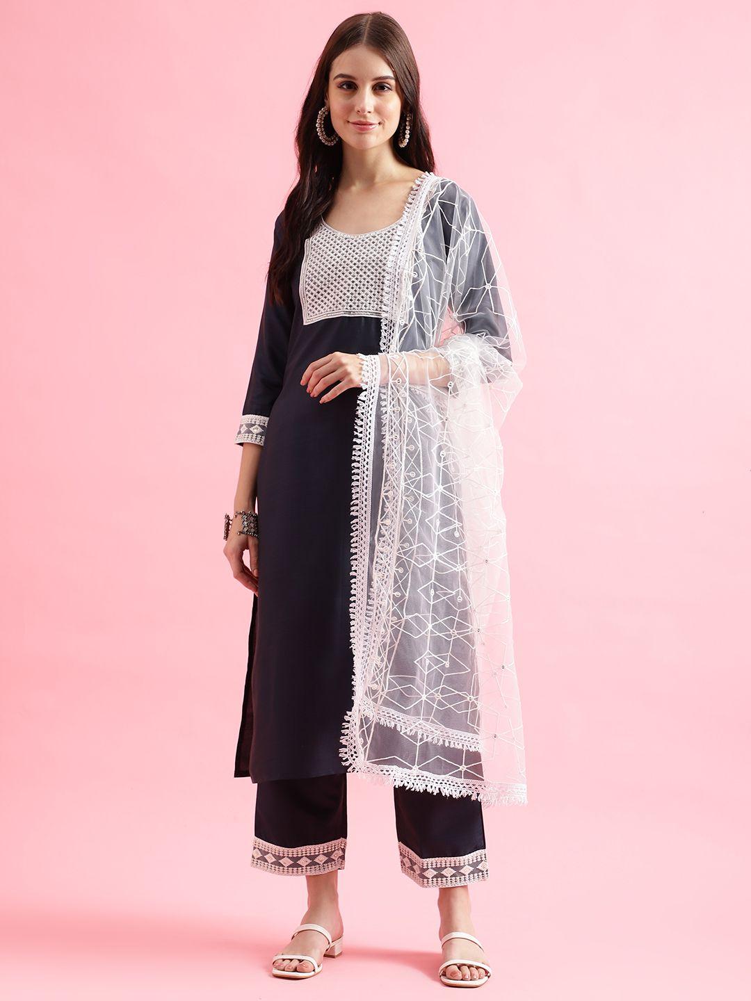 Buy Fourleaf Floral Embroidered Round Neck Sequined Work Top With ...