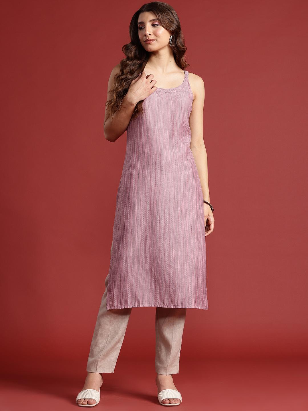 Buy Anouk Shoulder Straps Woven Design Striped Straight Kurta - Kurtas ...