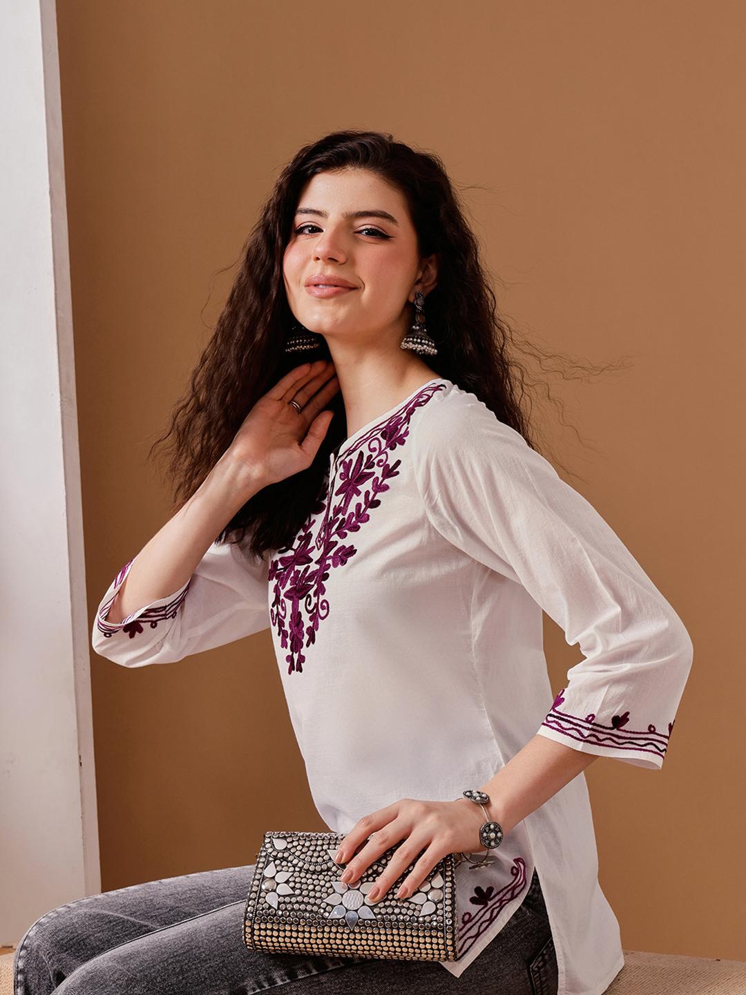Buy FEMBLISS Ethnic Floral Embroidered Notch Neck Pure Cotton Kurti ...