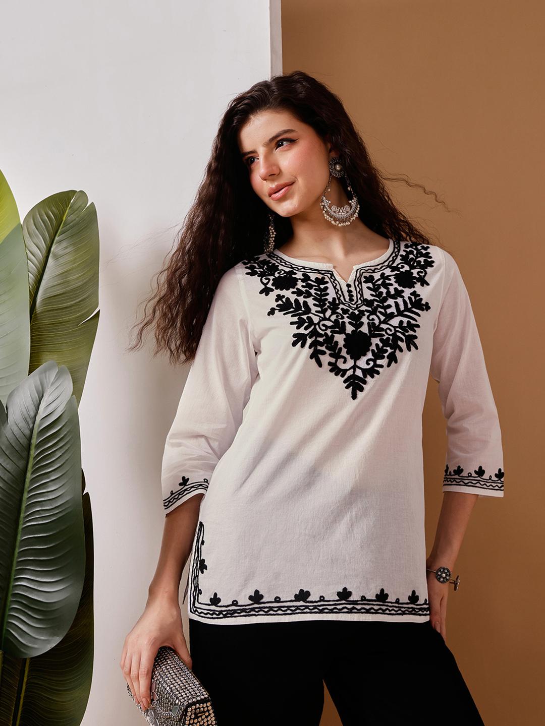 Buy FEMBLISS Ethnic Floral Embroidered Notch Neck Pure Cotton Kurti ...