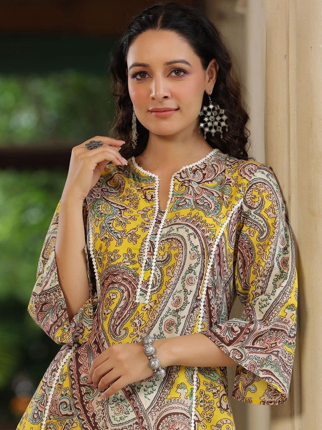 Buy Royal Export Paisley Printed Notch Neck Straight Kurta - Kurtas for ...