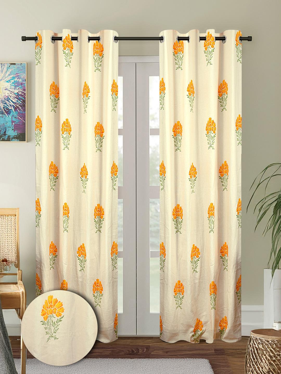 Buy Cortina Cream Coloured & Orange 2 Pieces Floral Printed Cotton Door ...