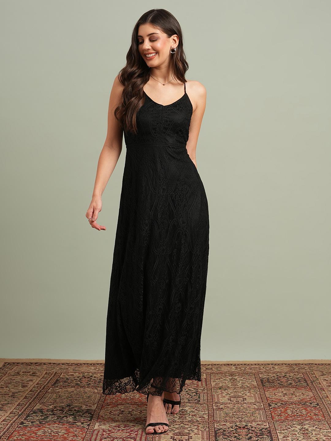 Buy Globus V Neck Back Side Cross Strap Cut Out Detail Lace Fit & Flare Maxi Party Dress ...