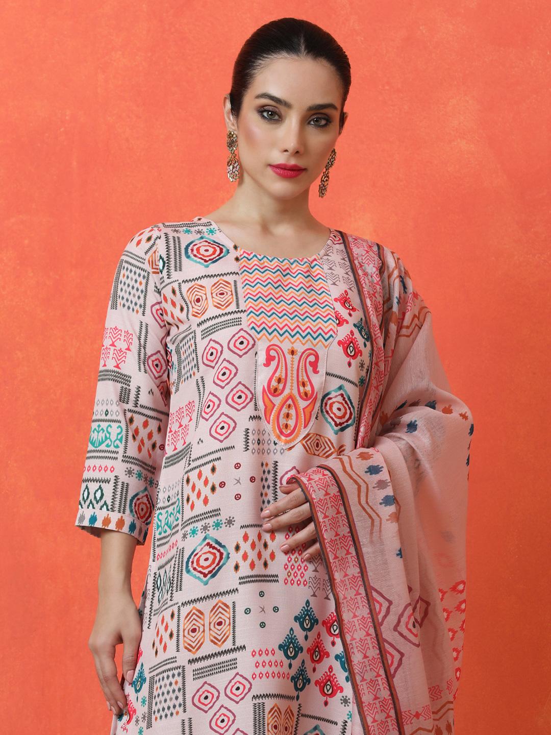 Buy Jaipur Kurti Floral Printed Square Neck Pure Cotton Straight Kurta ...