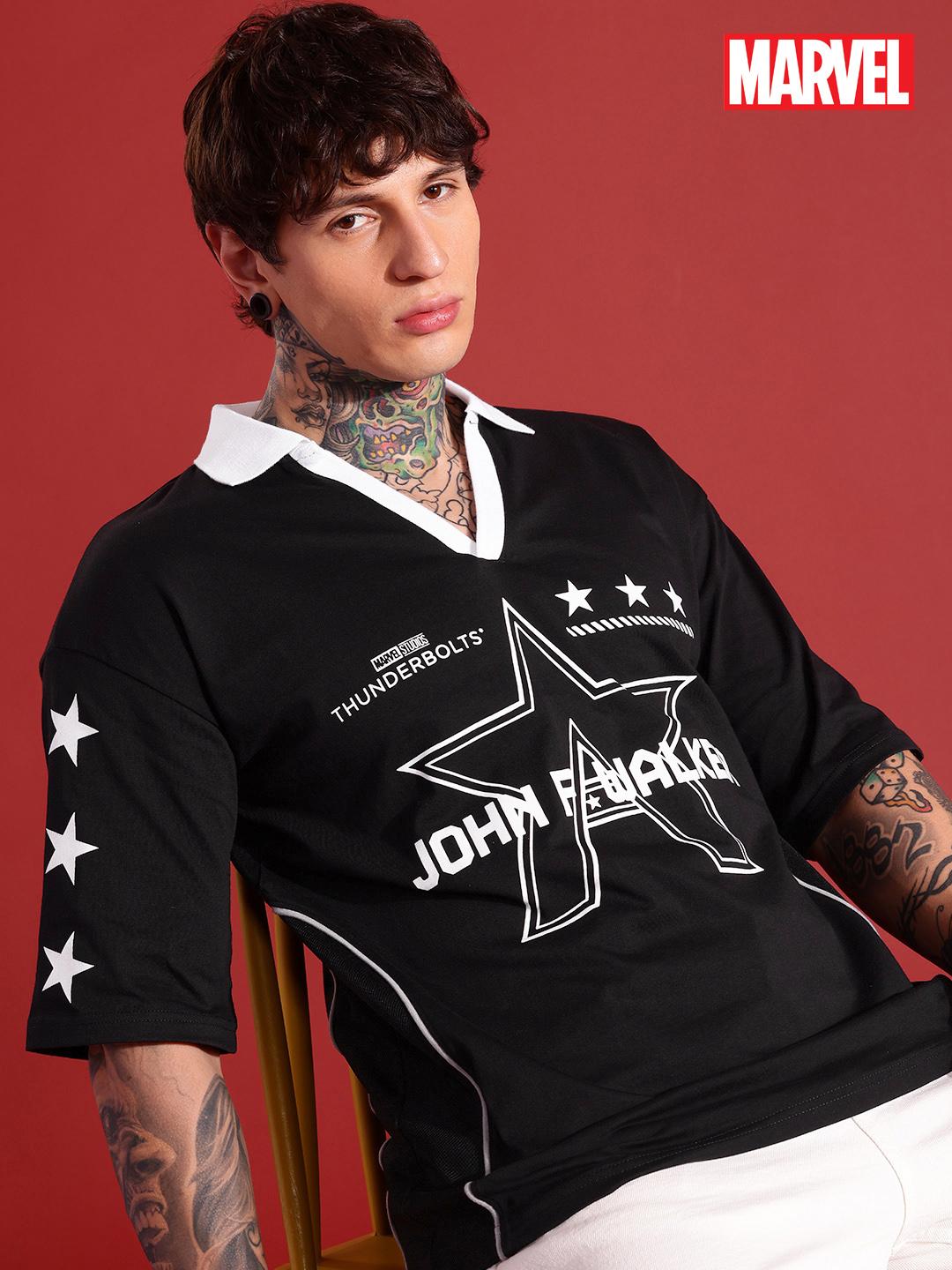 Buy MARVEL STREET Typography Printed Pure Cotton Oversized Polo Collar ...