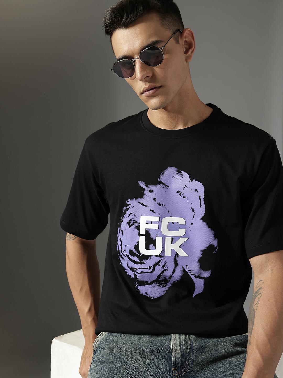 Buy FCUK Brand Logo Printed Drop Shoulder Sleeves Pure Cotton Relaxed ...