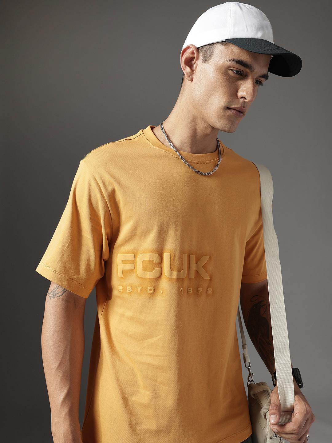 Buy FCUK Brand Logo Printed Drop Shoulder Sleeves Pure Cotton Relaxed ...