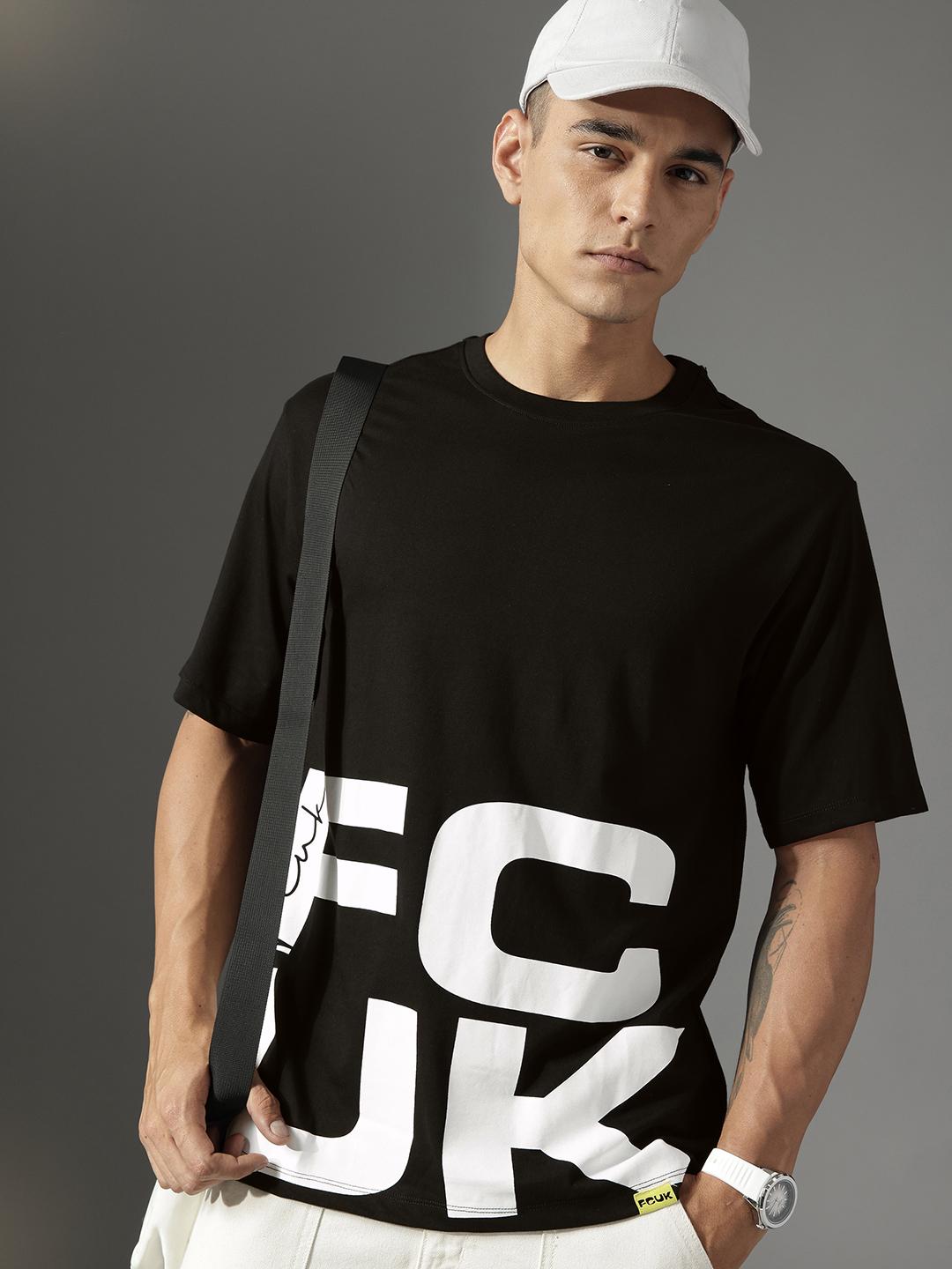 Buy FCUK Brand Logo Printed Drop Shoulder Sleeves Pure Cotton Relaxed ...