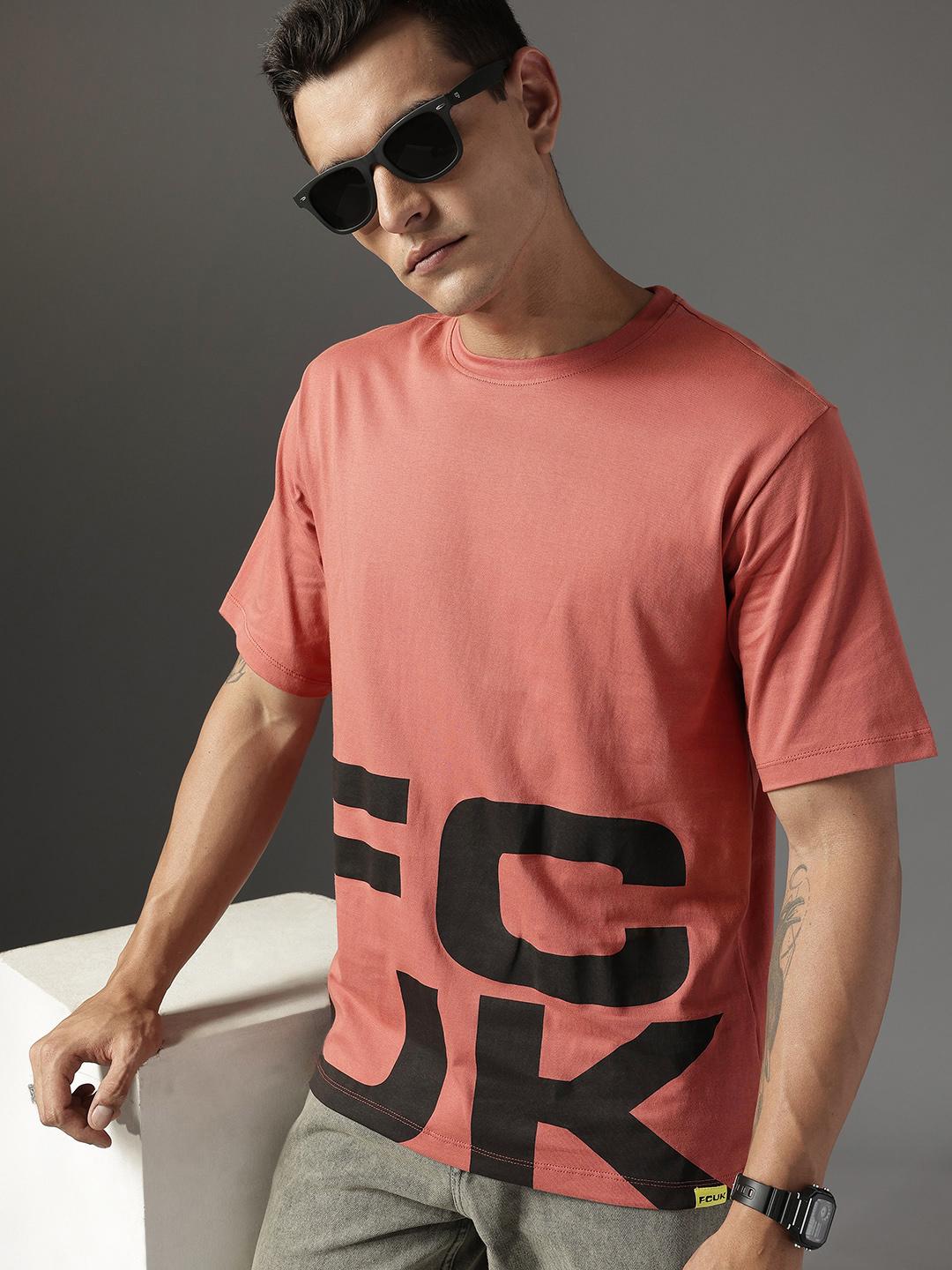 Buy FCUK Brand Logo Printed Drop Shoulder Sleeves Pure Cotton T Shirt ...