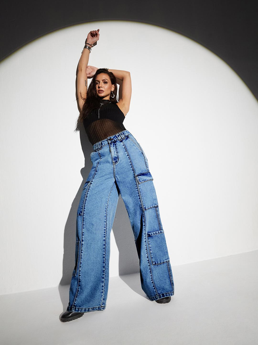 Buy Miss Chase Women Wide Leg High Rise Cargo Style Stretchable Jeans ...