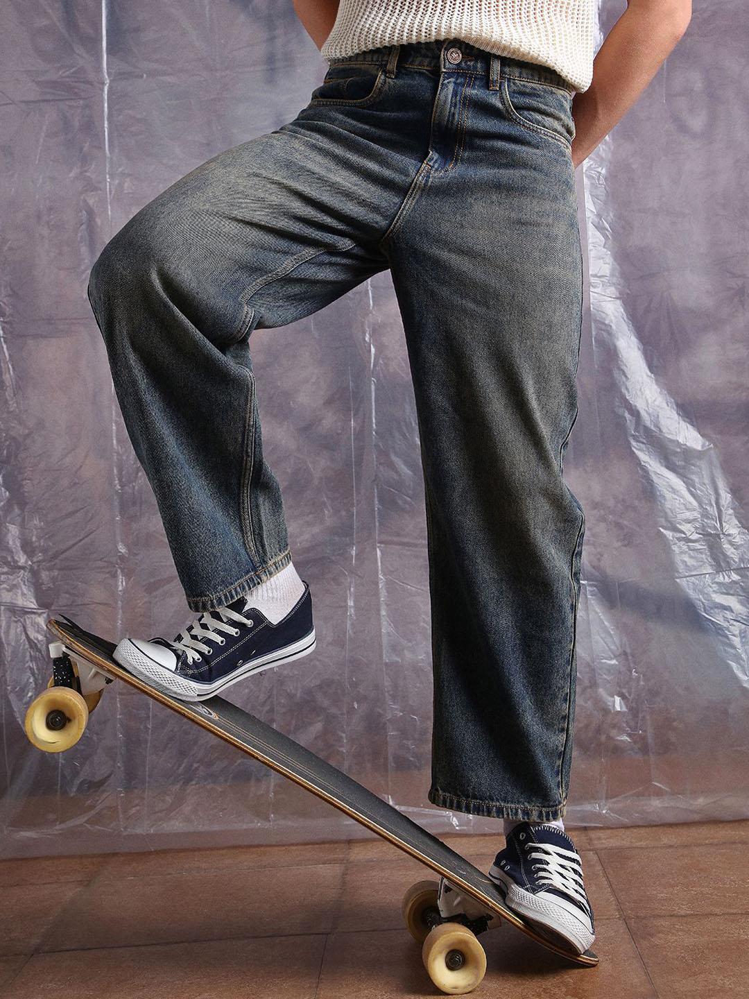 Buy Hubberholme Men Pure Cotton Cmfort Wide Leg Light Fade Jeans Baggy ...