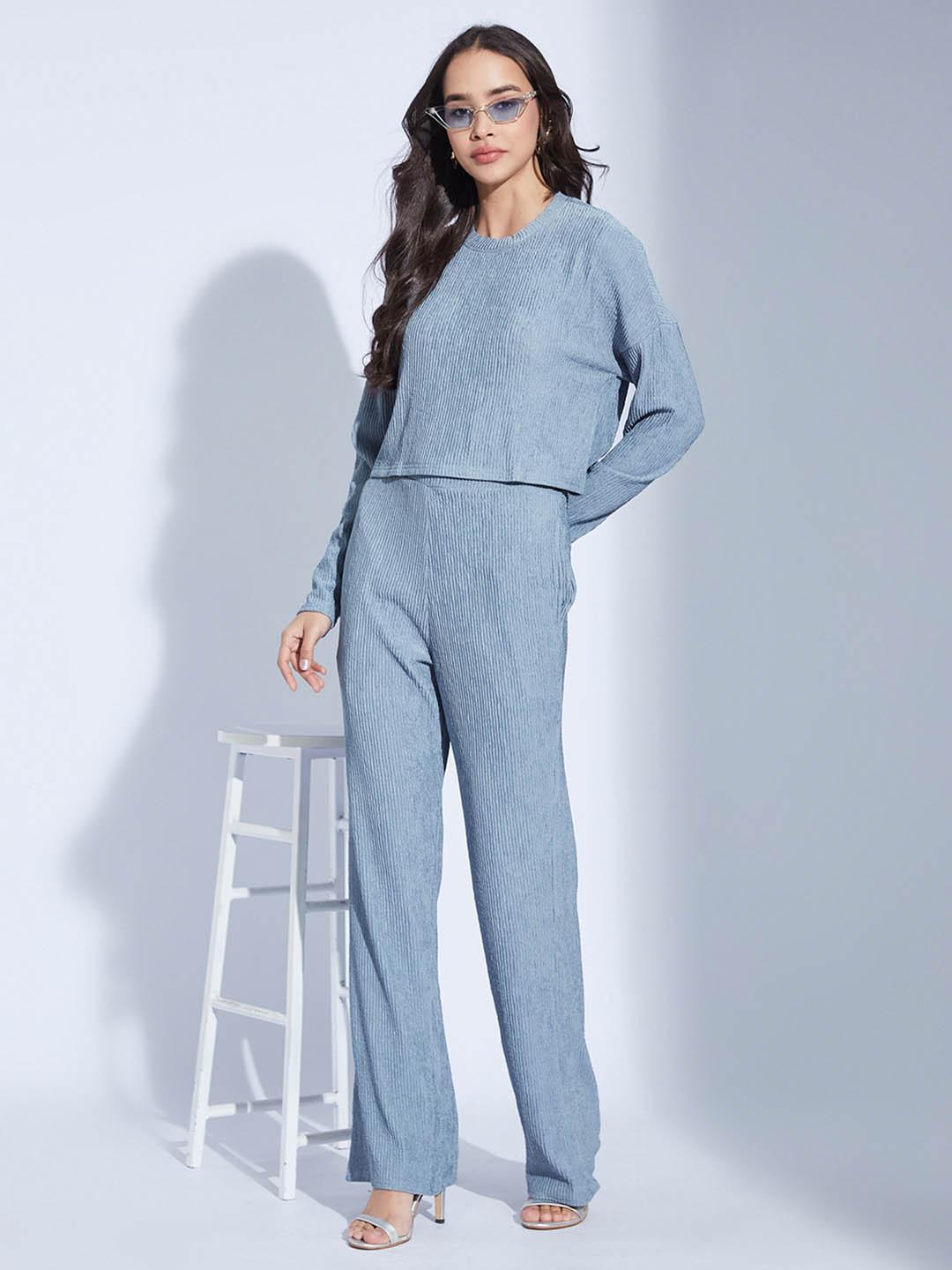Buy Selvia Self Design Round Neck Top And Trousers - Co Ords for Women ...