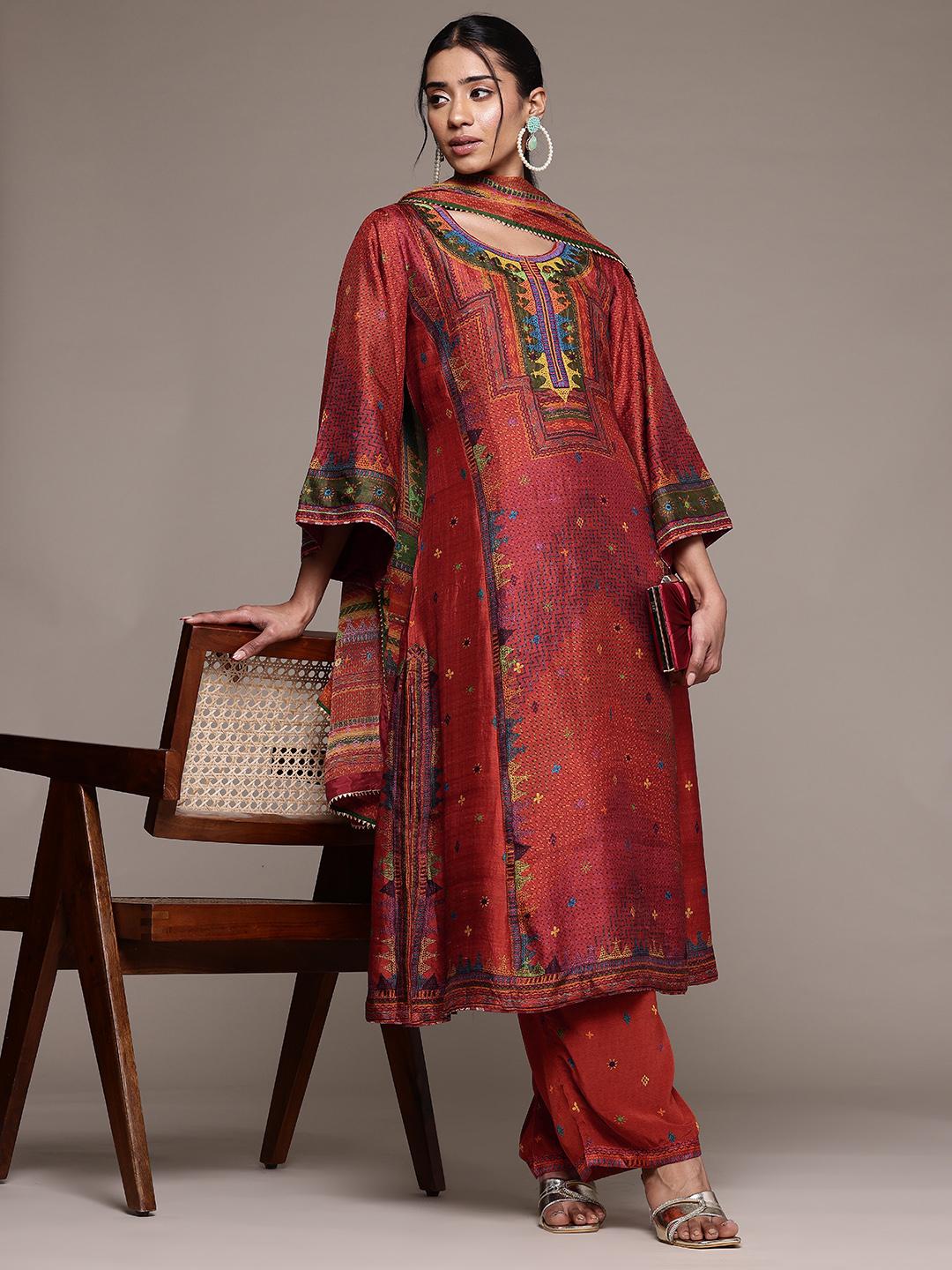 Buy Ritu Kumar Ethnic Motifs Printed Thread Work Pure Silk Kurta With ...