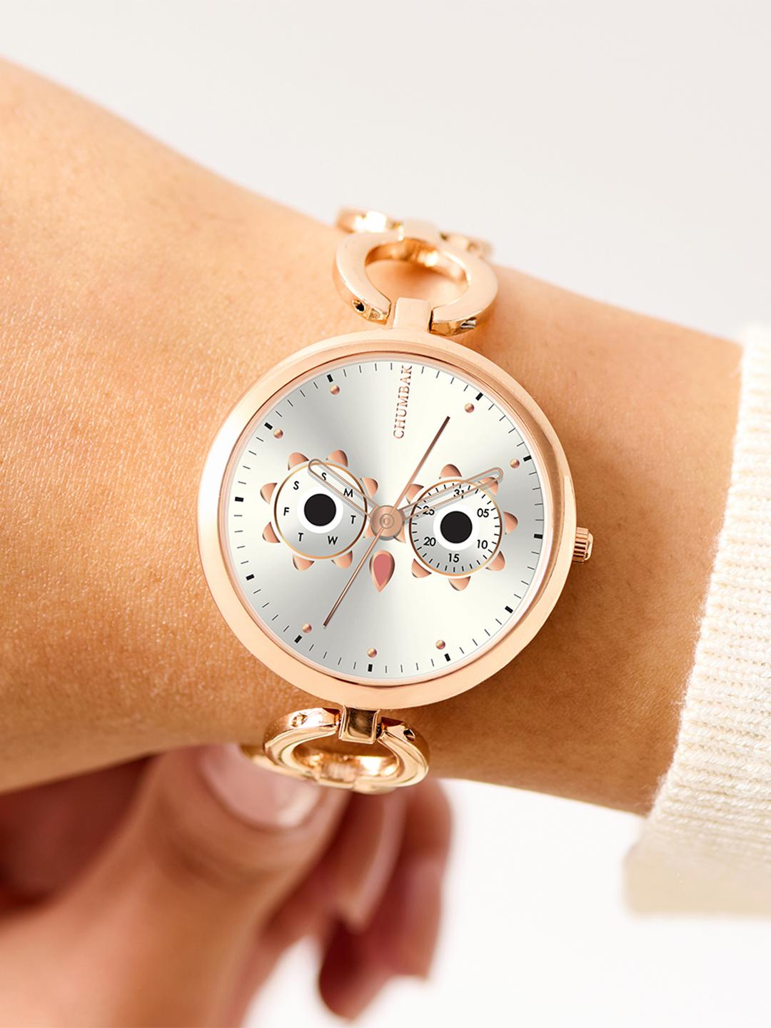 Buy Chumbak Women Hoot Metal Bracelet Watch Rosegold With Silver Dial ...
