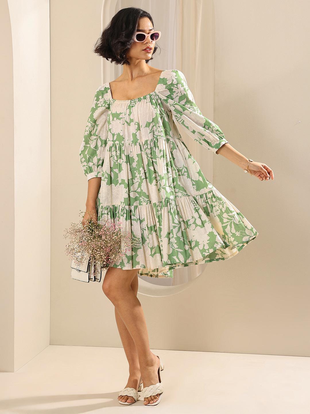 Buy Libas Floral Print Puff Sleeve Layered A Line Dress - Dresses for ...