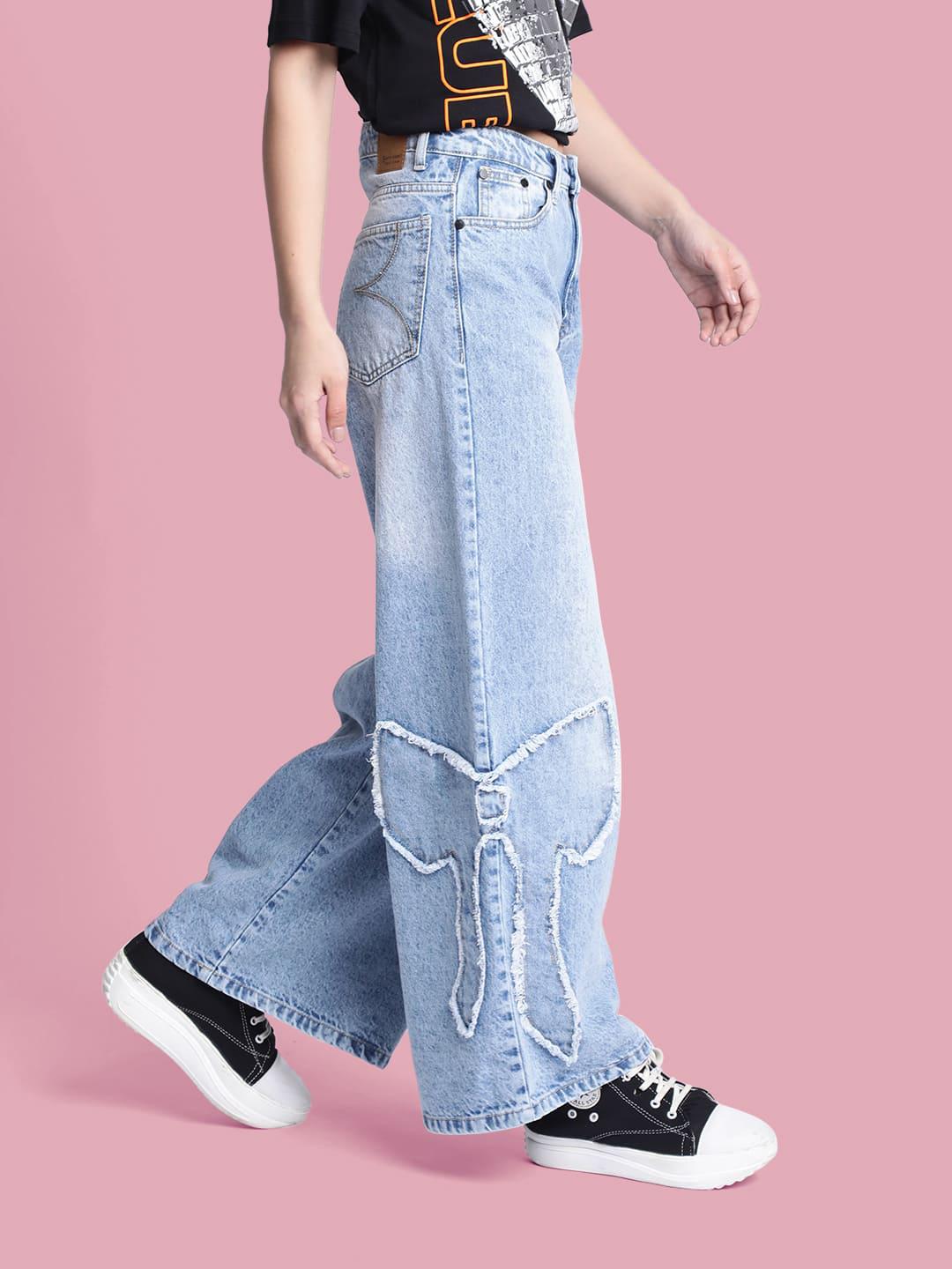 Buy Bene Kleed Women Wide Leg Light Fade Jeans With Bow Applique ...