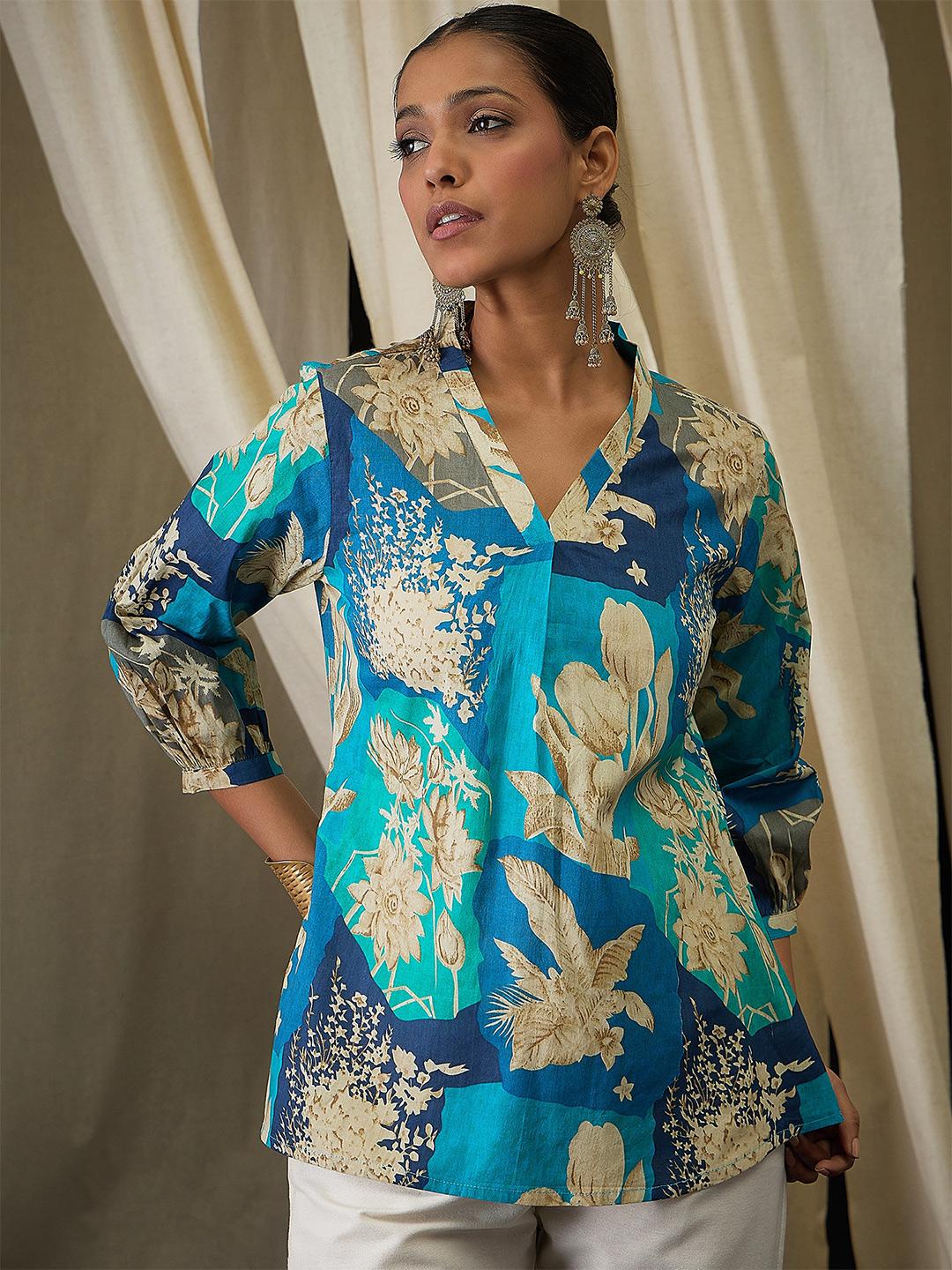 Buy Anouk Floral Printed V Neck Pure Cotton Short Kurti - Kurtis for ...