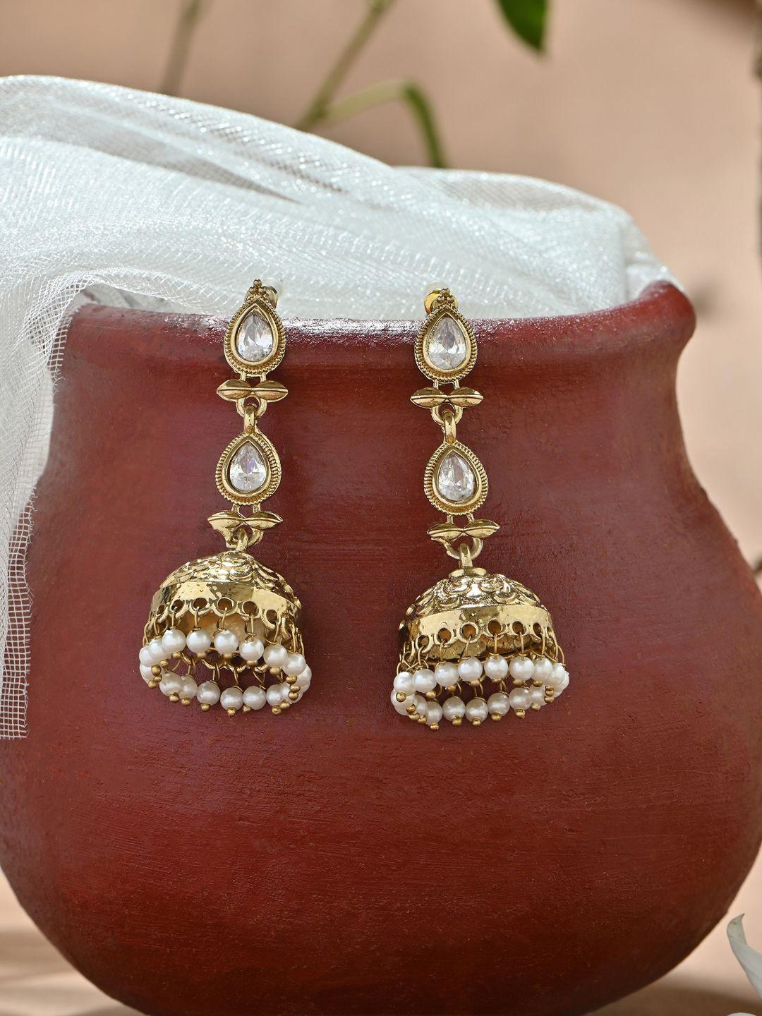 Buy Fida Mehandi Gold White Teardrop Temple Jhumka Earrings - Earrings ...