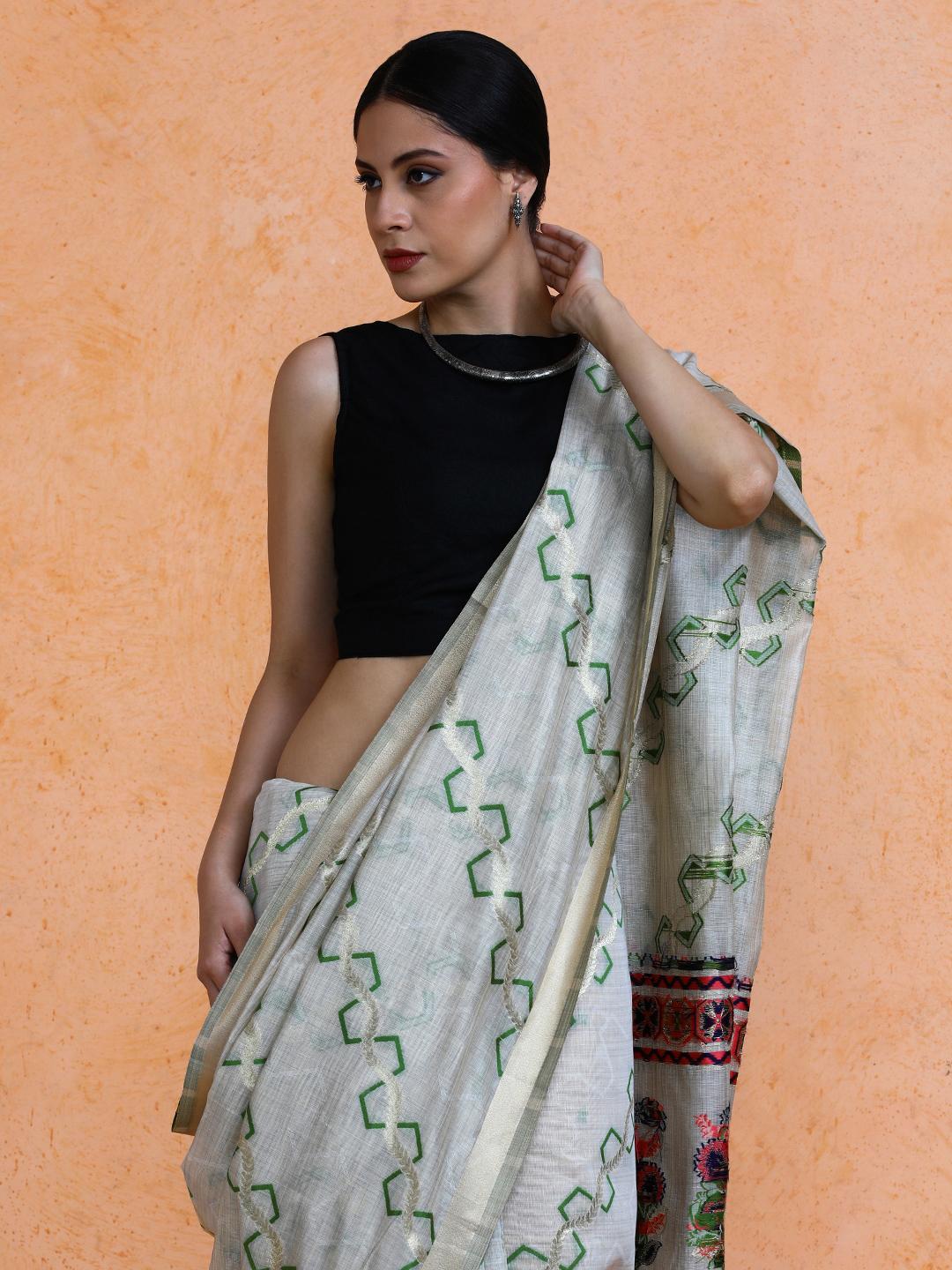 Buy SARHA Cotton Blend Abstract Woven Design Zari Indie Florals Muga ...