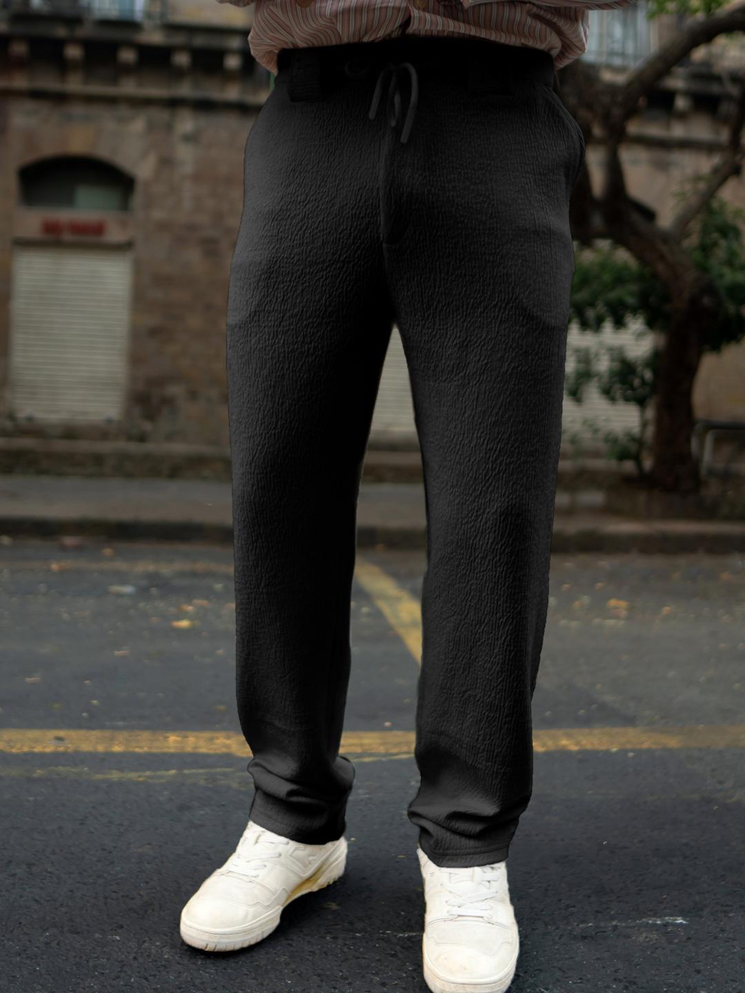 Buy Powerlook Men Black Structured Knitted Relaxed Fit Pant - Track ...