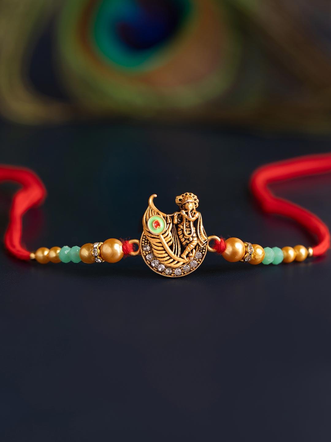 Buy Voylla Blessings Of Krishna Mor Pankh Beaded Thread Rakhi With Roli ...