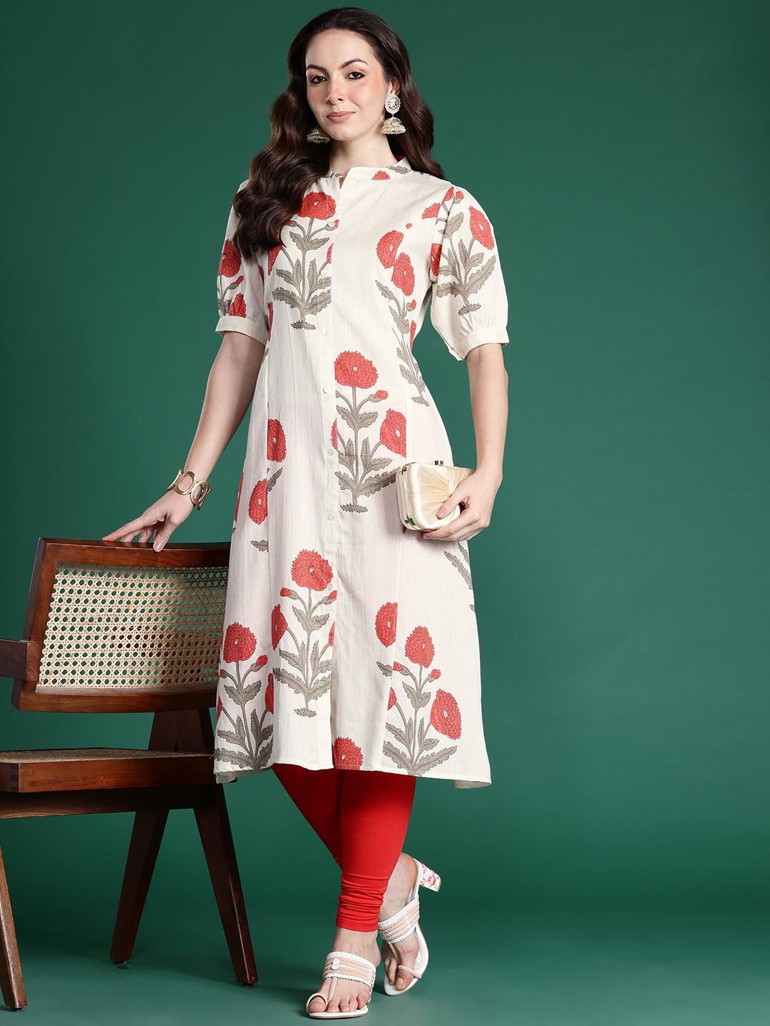 Buy Indo Era Floral Printed Puff Sleeves Pure Cotton Kurta - Kurtas for ...
