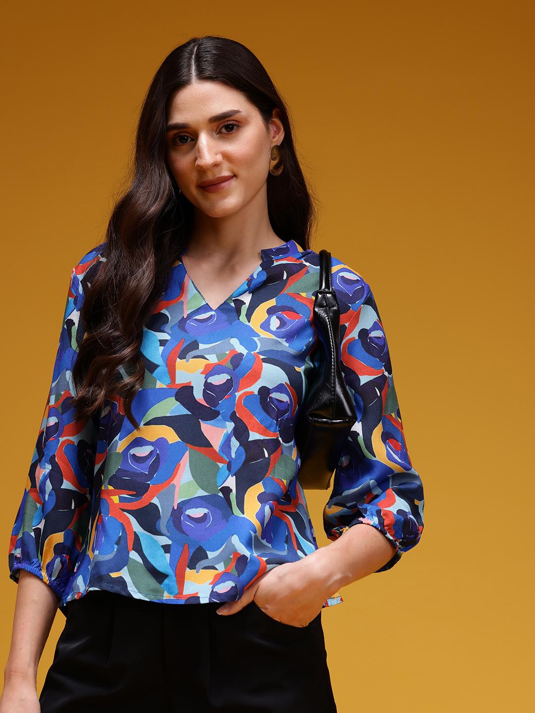 Buy HERE&NOW Abstract Print Mandarin Collar Puff Sleeve Top - Tops for ...