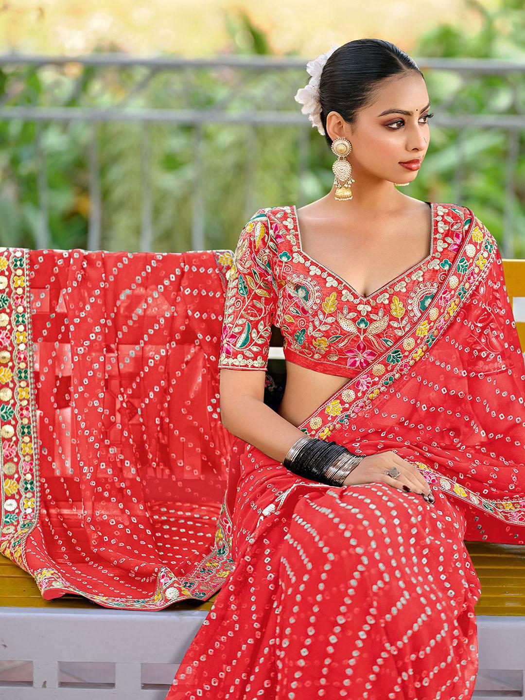 Buy Satrani Bandhani Sequinned Embroidered Pure Georgette Bandhani ...