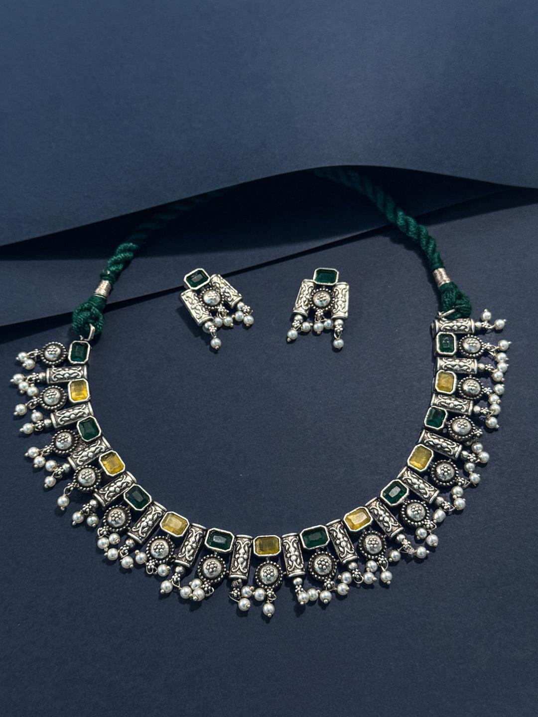 Buy NAMAN ARTS Silver Plated Stone Studded & Beaded Oxidised Jewellery ...