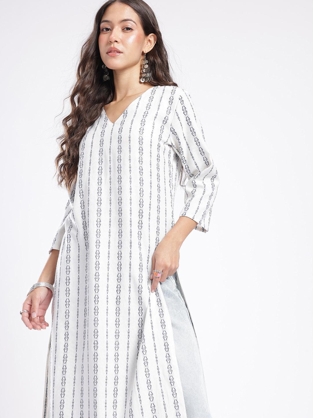 Buy Anouk Rustic V Neck Woven Design Striped Straight Kurta - Kurtas ...