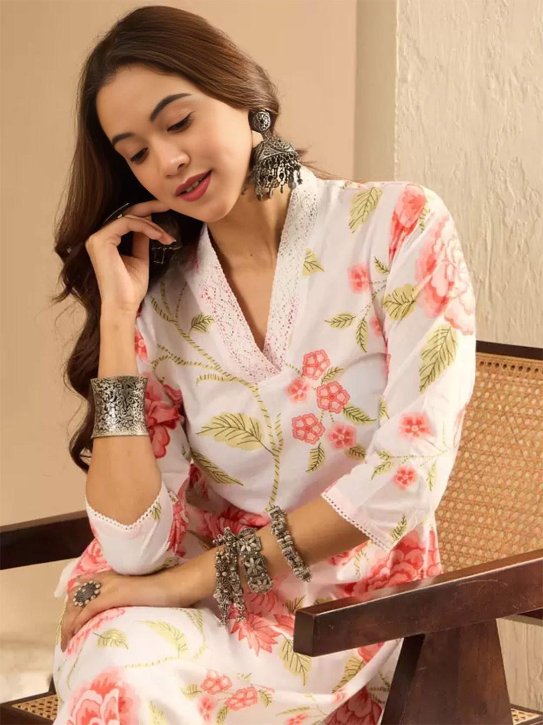 Buy Royal Export Floral Printed Cotton V Neck Straight Kurta - Kurtas ...