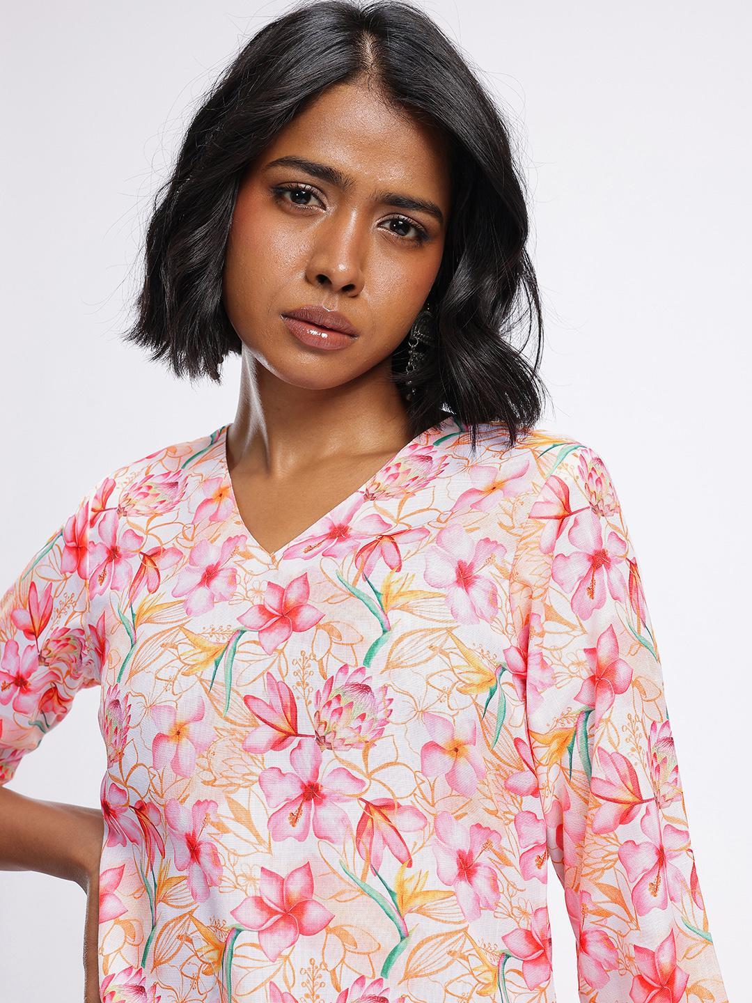 Buy Anouk Rustic V Neck Floral Printed Straight Kurta - Kurtas for ...