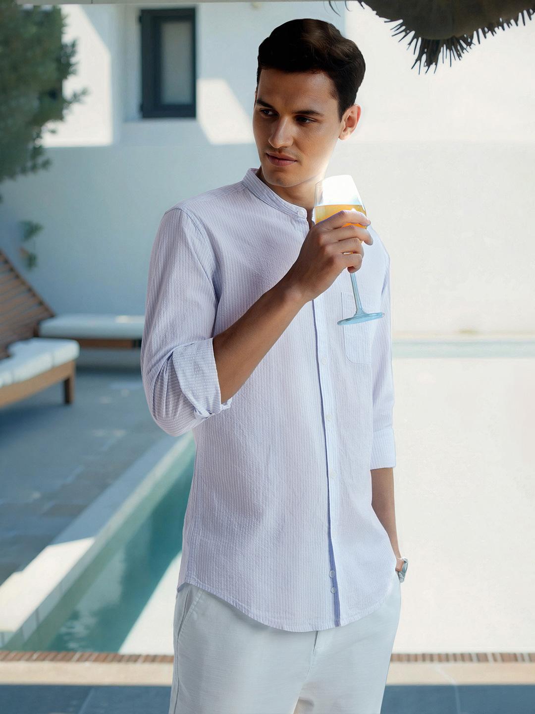 Buy Peter England Casuals Men Slim Fit Mandarin Collar Striped Pure ...